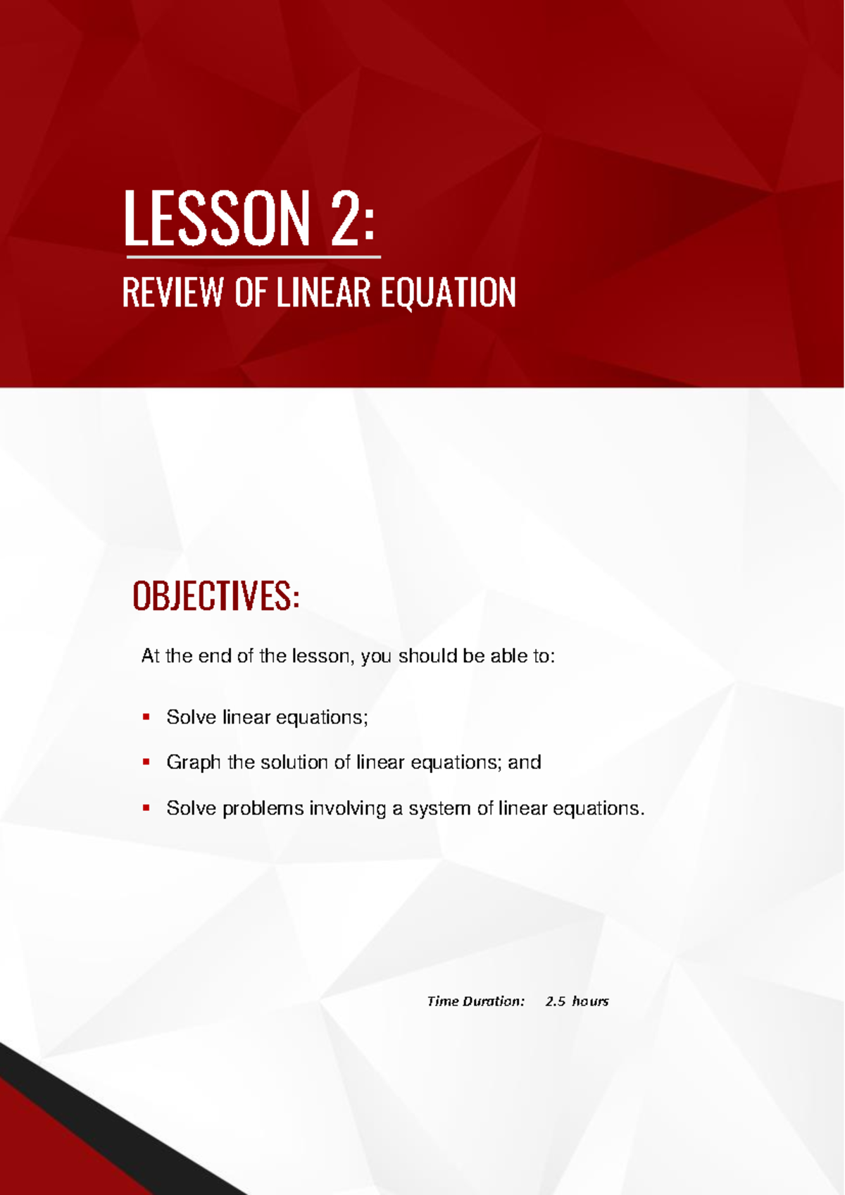 LESSON 2: REVIEW OF LINEAR EQUATIONS AND GRAPHING - Studocu