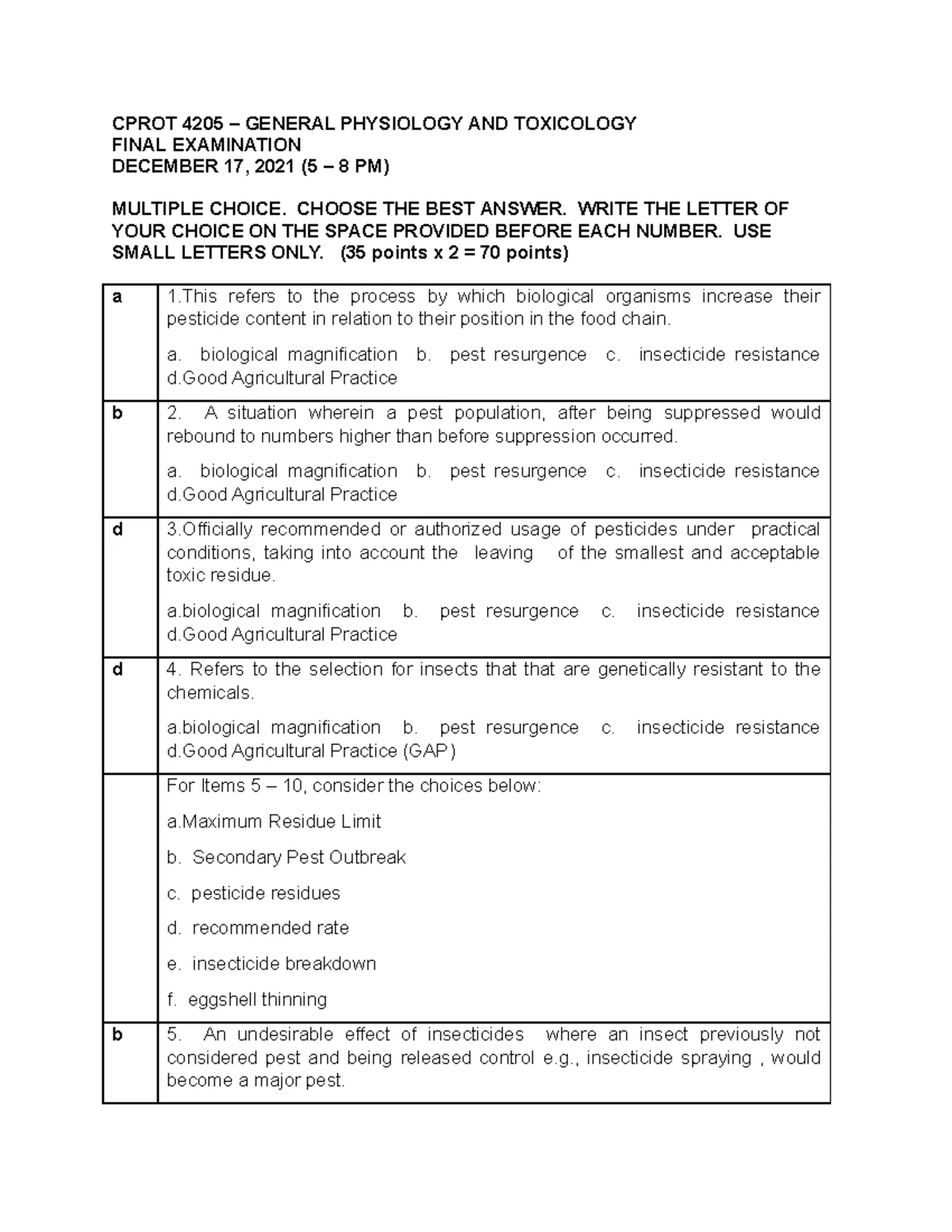 General Physiology AND Toxicology - HAND-OUT # 1 – CPROT 4205-GENERAL ...
