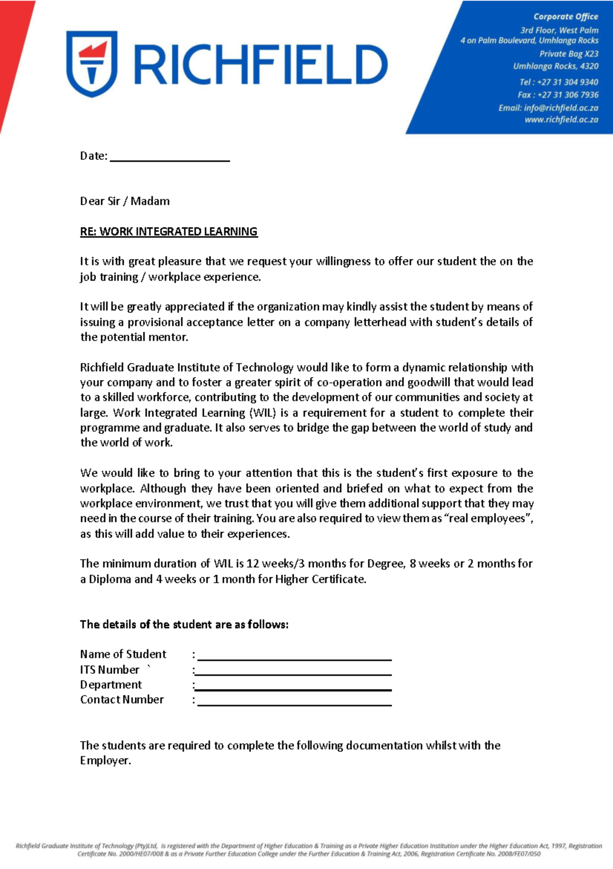 Training Acceptance Letter Sample