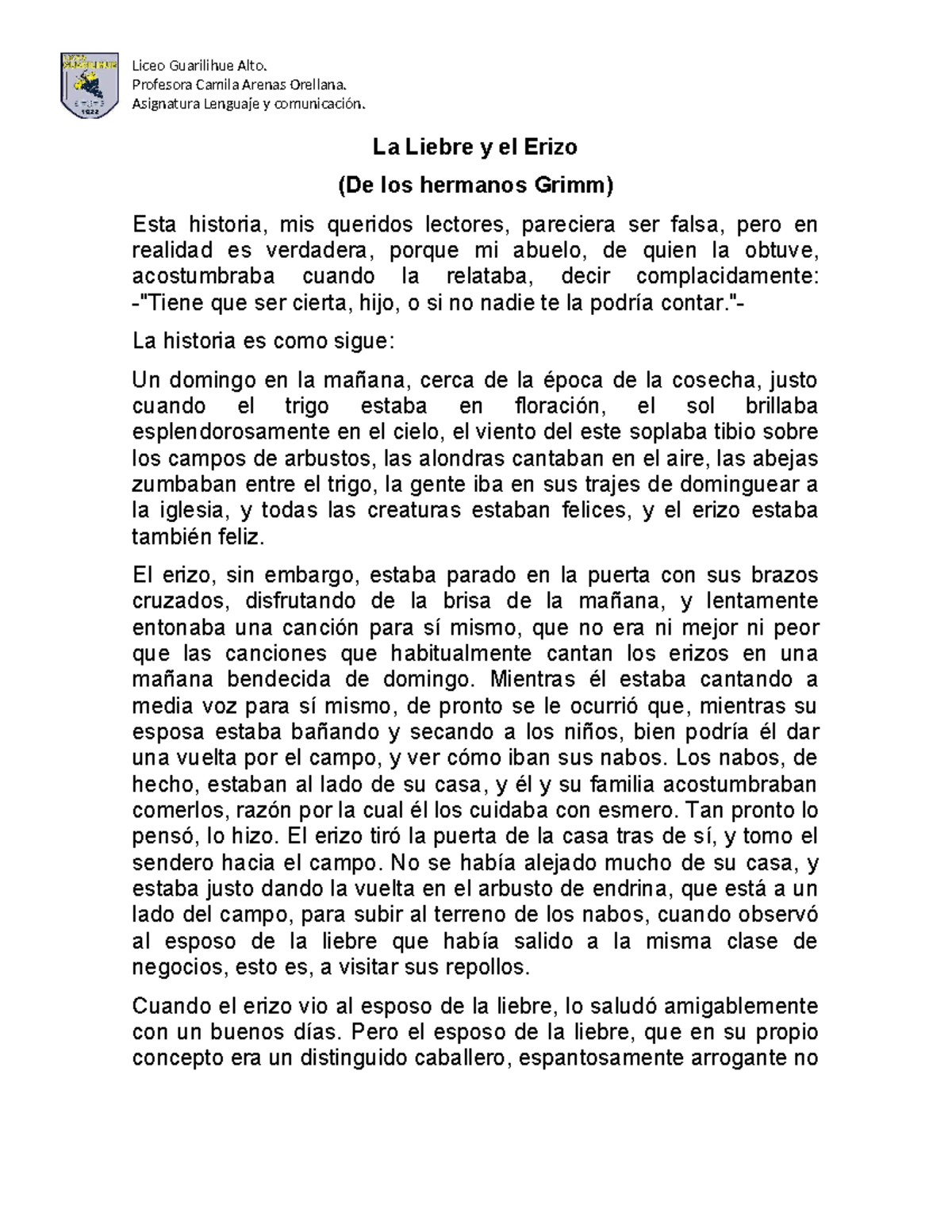 La Liebre y el Erizo: Cuento Infantil y Moraleja de los Grimm - Studocu