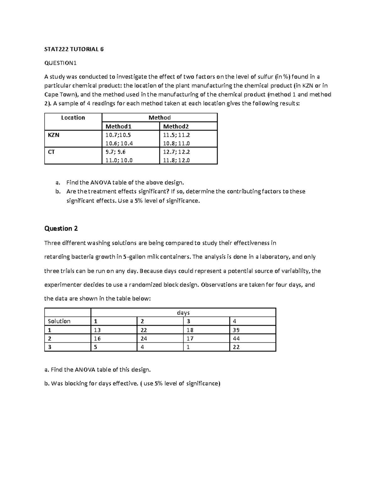 STAT222 Tutorial 6: ANOVA Analysis of Chemical & Bacteria Growth - Studocu