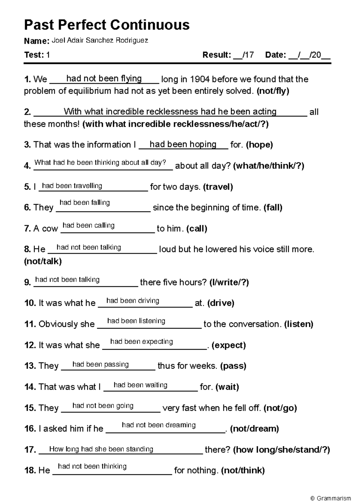 ENG 101: Past Perfect Continuous Grammar Notes by Joel Adair - Studocu