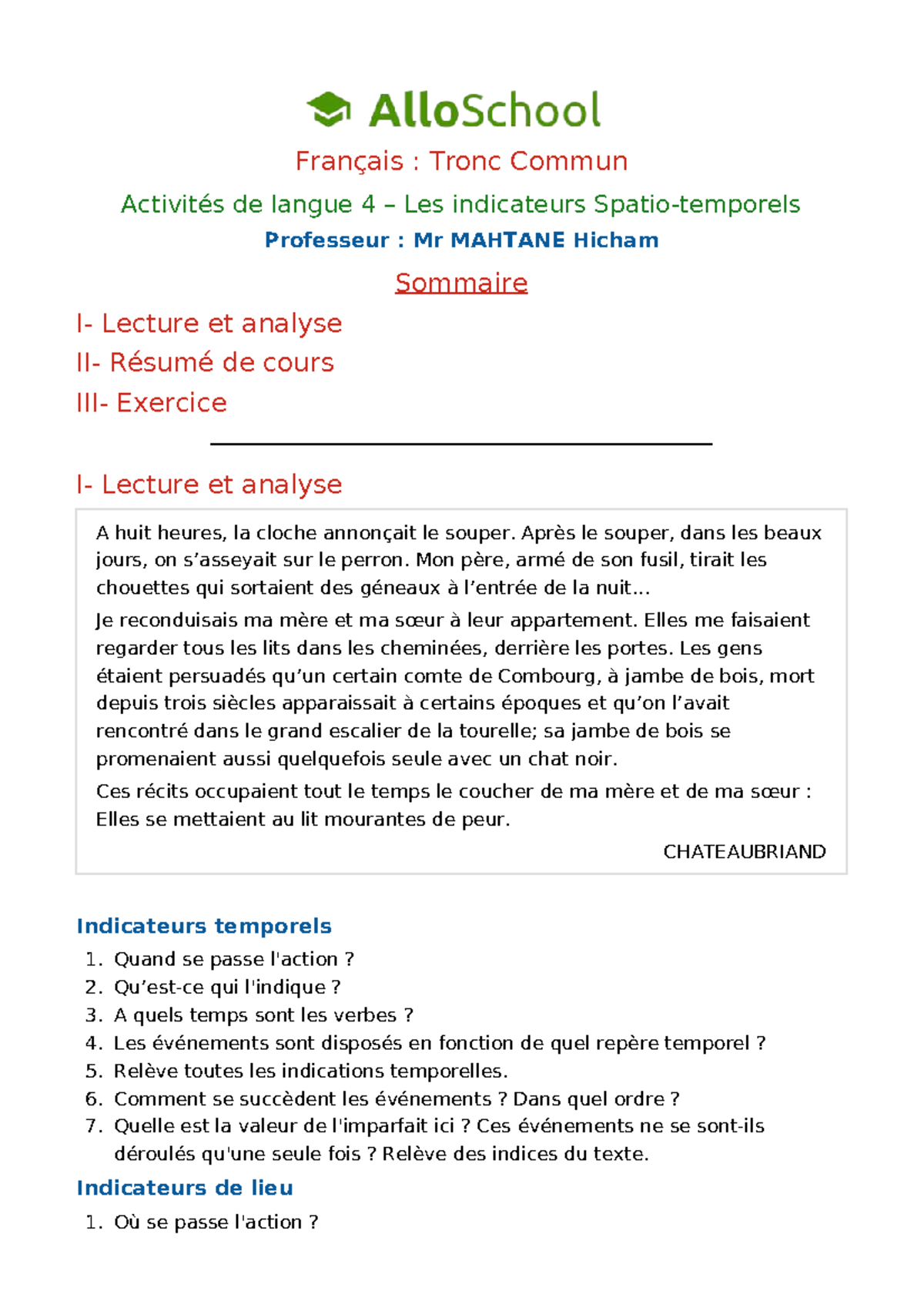 Français : Activités de Langue 4 - Indicateurs Spatio-Temporels - Studocu