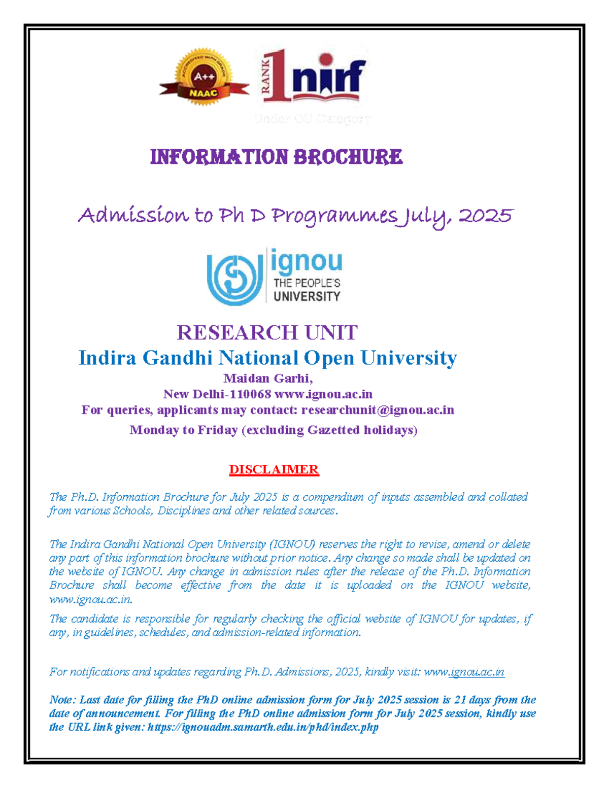 IGNOU Ph.D. Admission Notification July 2025: Complete Guide - Studocu