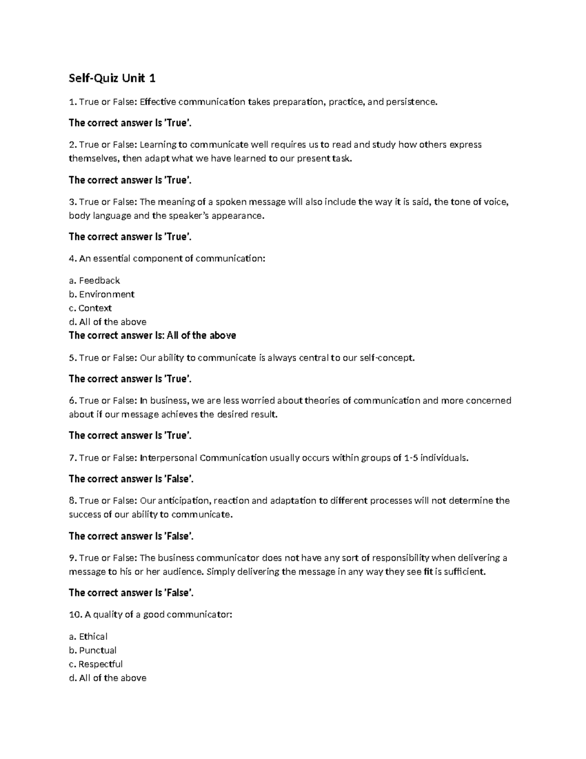 B C Communication Self-Quizzes for Units 1-7 and Review - Studocu