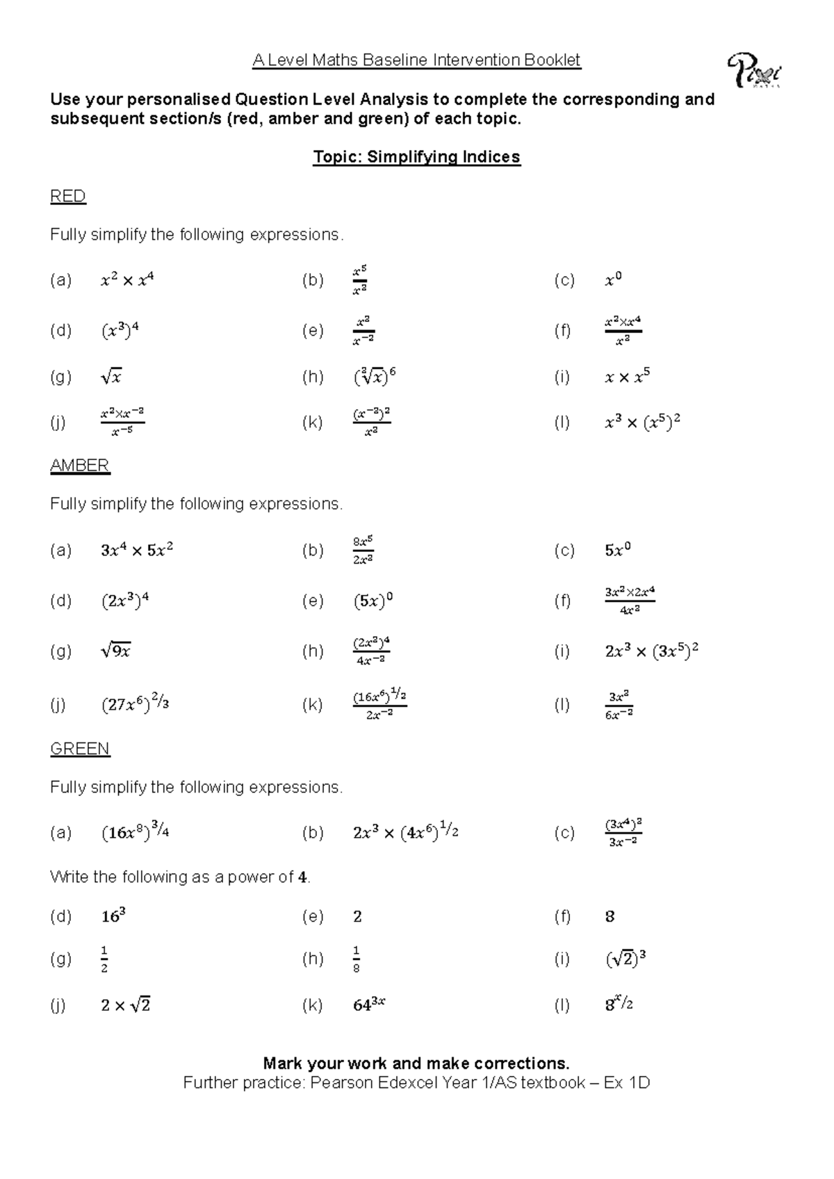 Pixi Maths A Level Baseline Intervention Booklet - Studocu