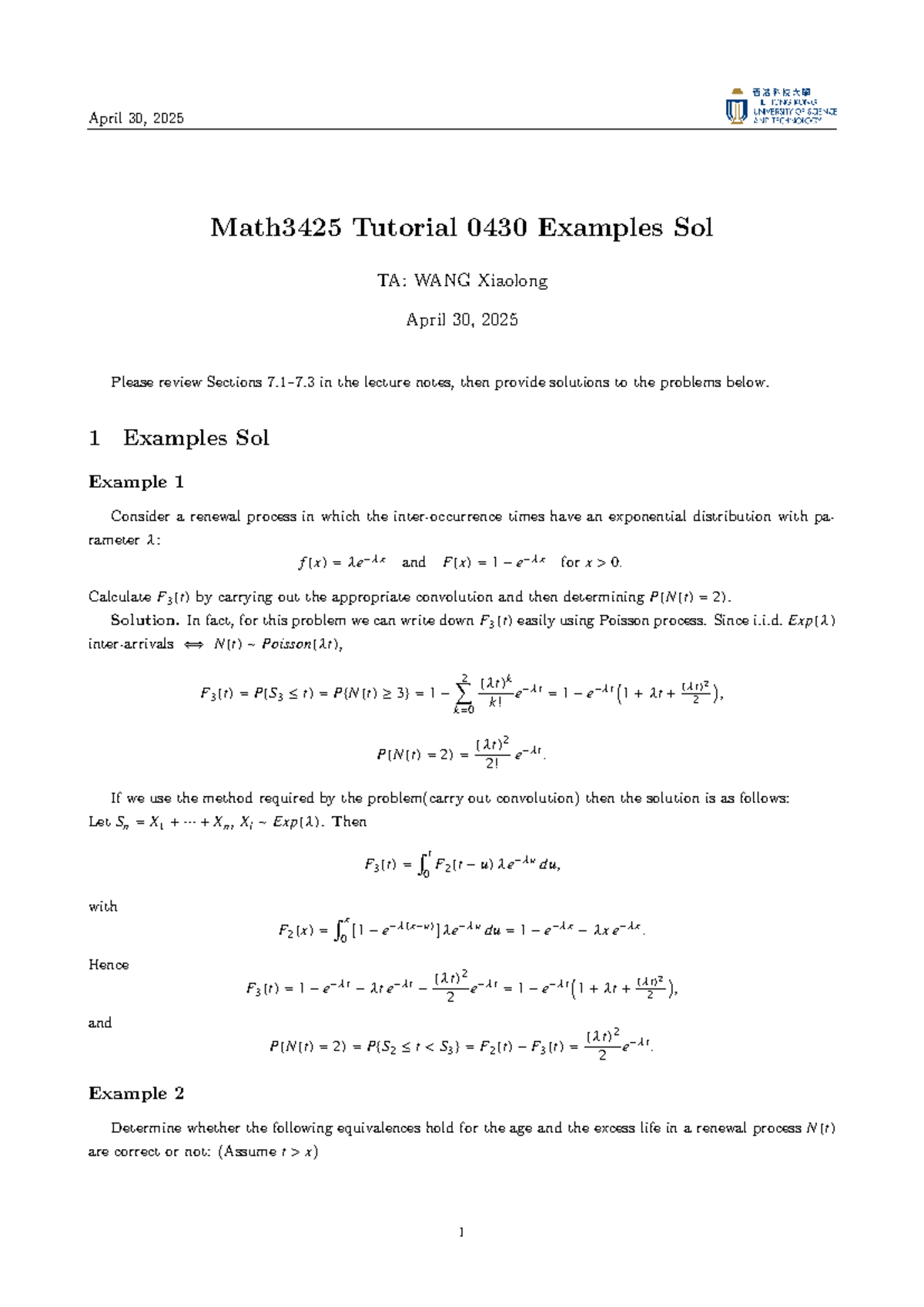 Math3425 0430 Tutorial Examples Solutions by WANG Xiaolong - Studocu