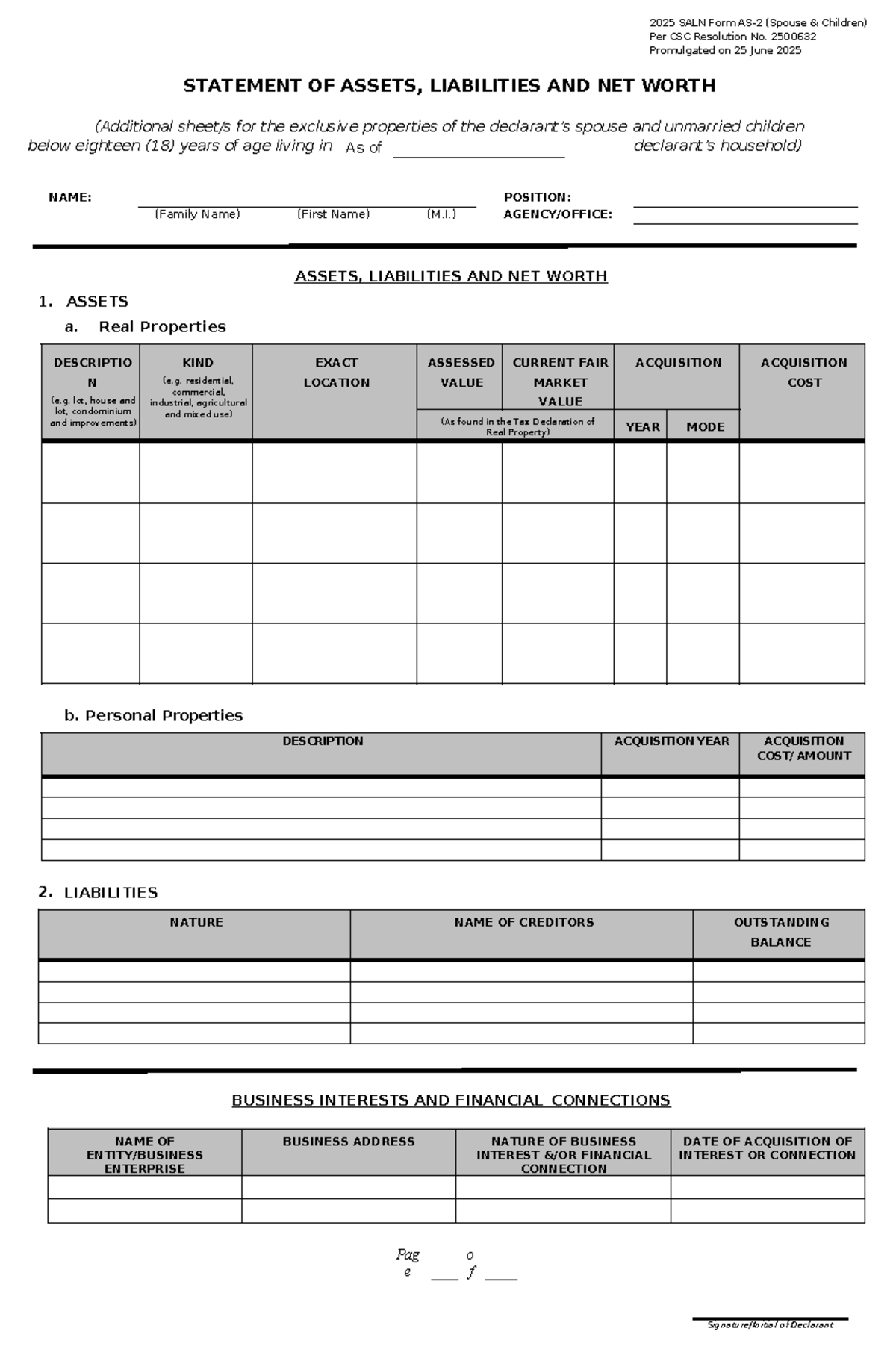 2025 SALN Form for Spouse & Children - Updated as of Feb 2026 - Studocu