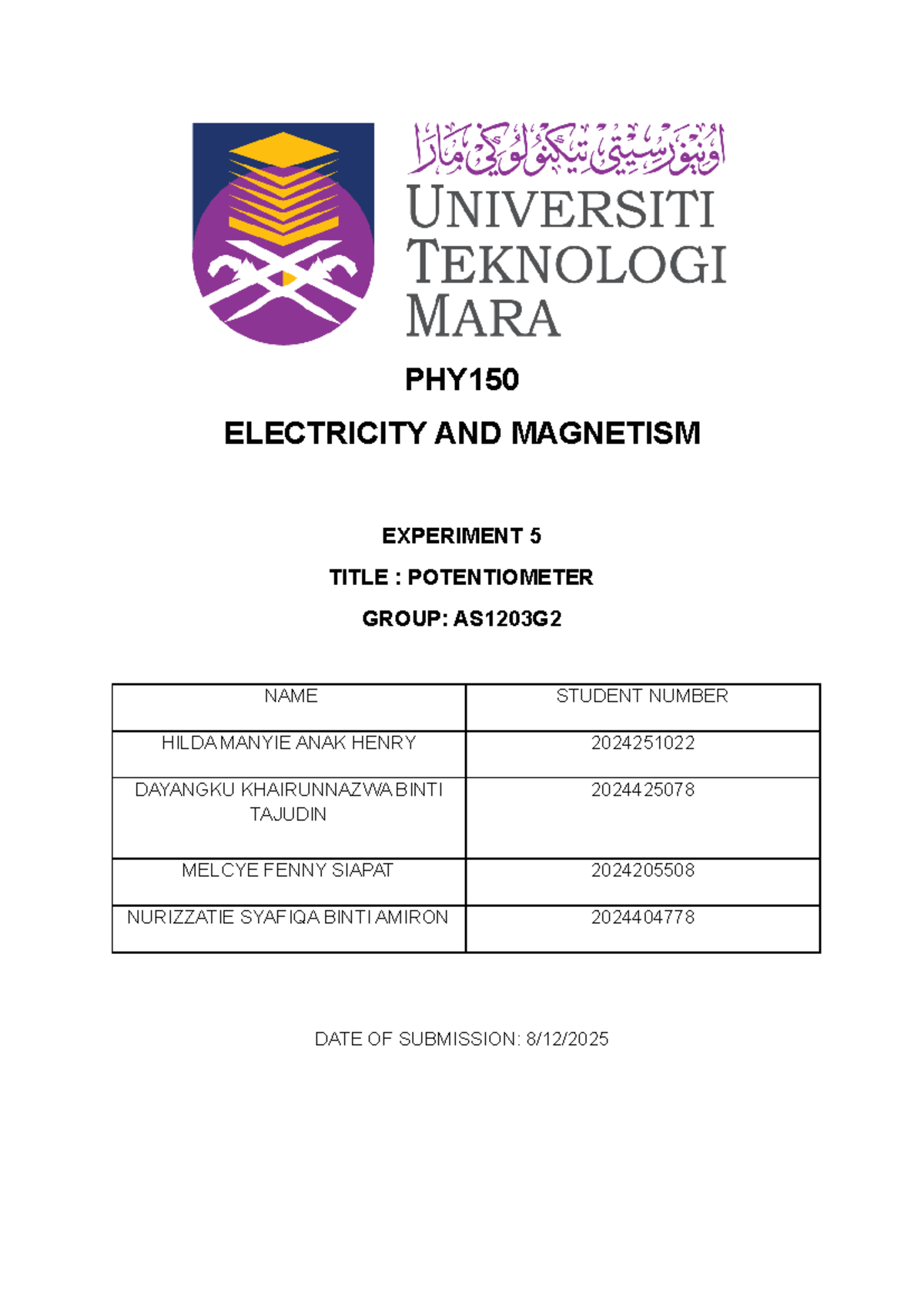 LAB Report PHY150: Experiment 5 - Potentiometer Analysis - Studocu