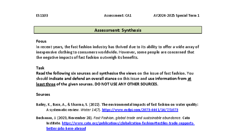 ES1103 CA1: Synthesis of Fast Fashion's Impacts and Perspectives - Studocu
