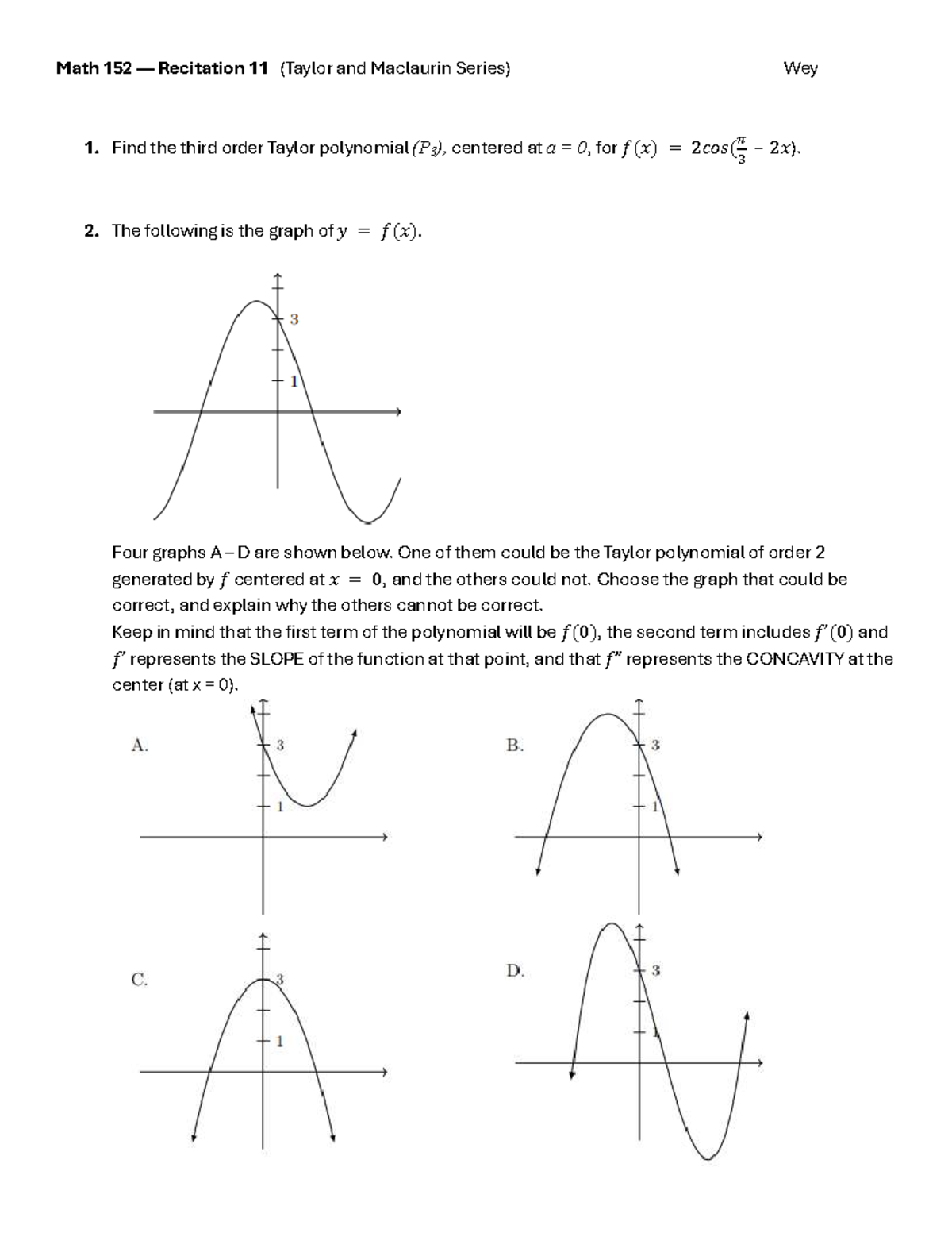 MATH 152 Recitation 11: Taylor & Maclaurin Series Questions - Studocu