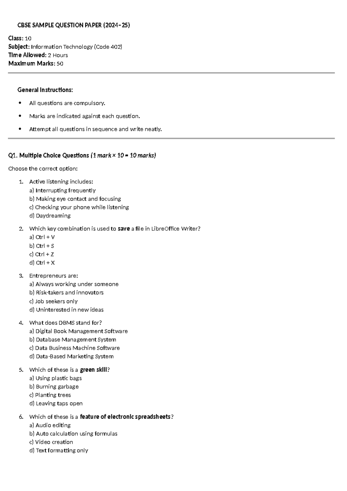 CBSE Class 10 IT Sample Question Paper (Code 402) - Full Syllabus - Studocu