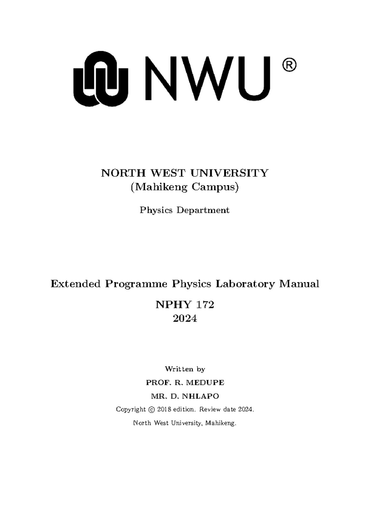 NPHY 172 Physics Lab Manual: Key Experiments & Guidelines for 2024 ...