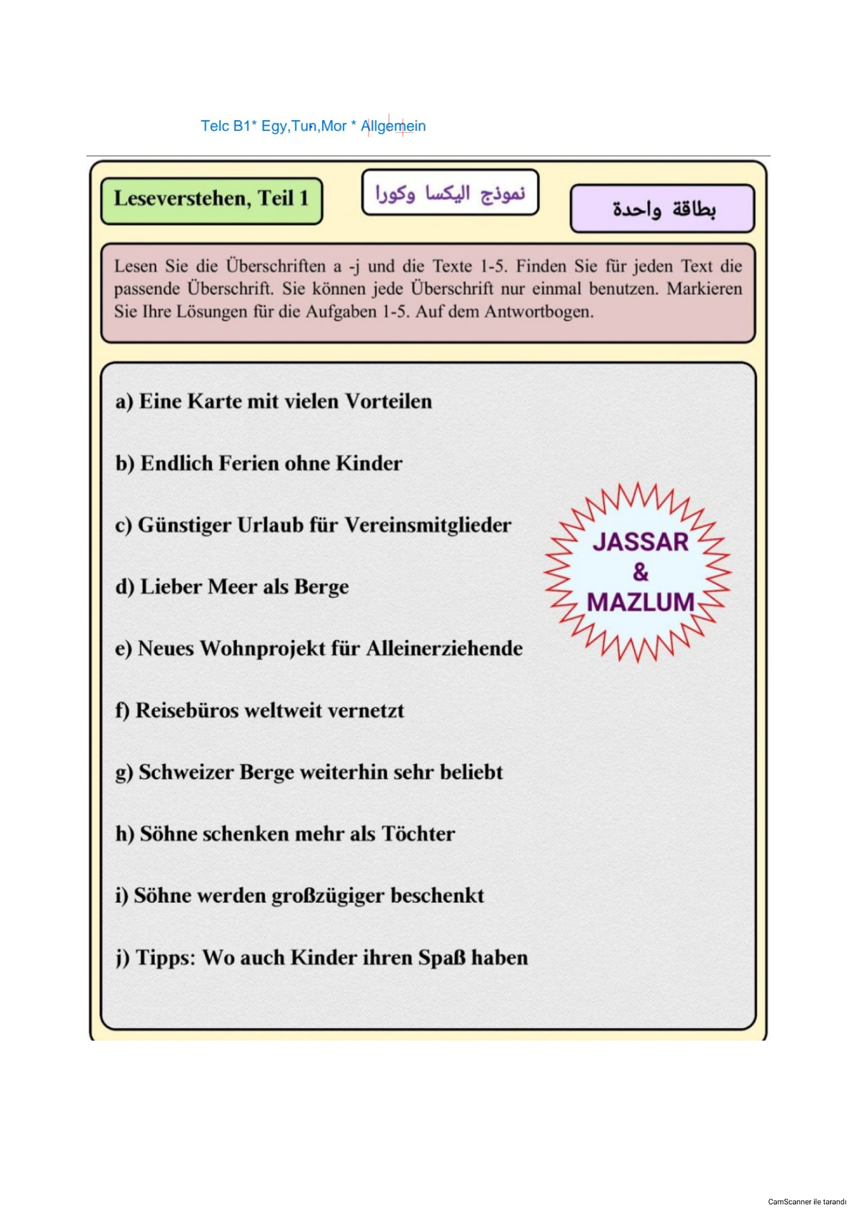 Telc Egy,Tun,Mor Allgemein Leseverstehen und Hörverstehen Übungen - Studocu