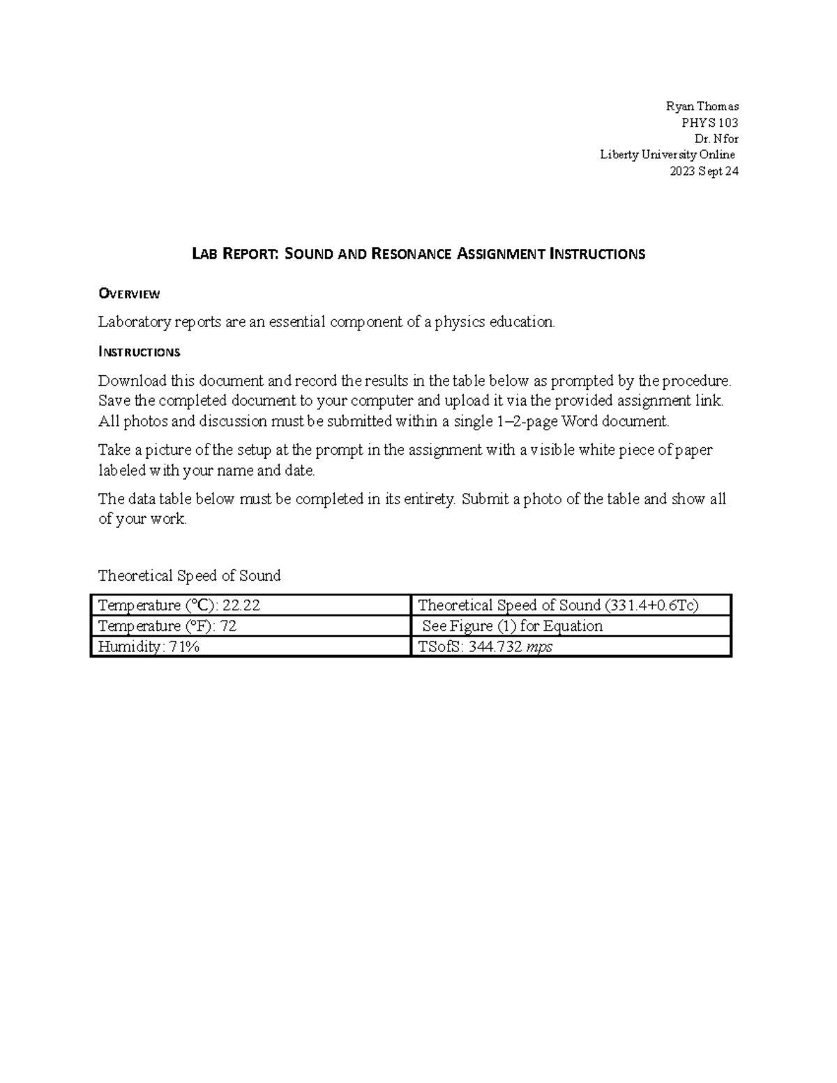 Lab Report: PHYS 103 Sound & Resonance Experiment Guidelines - Studocu