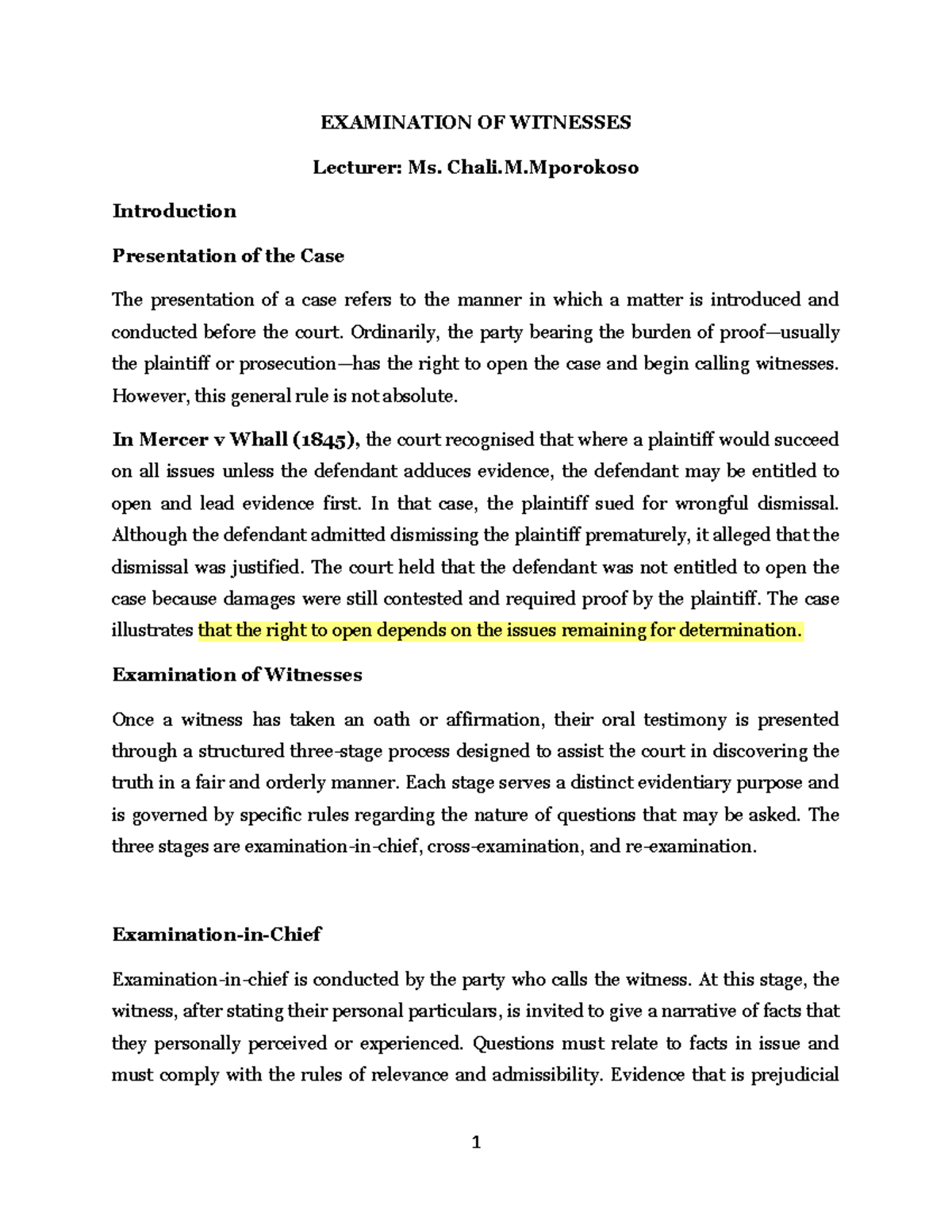 EXAMINATION OF WITNESSES: Legal Principles and Case Studies - Studocu