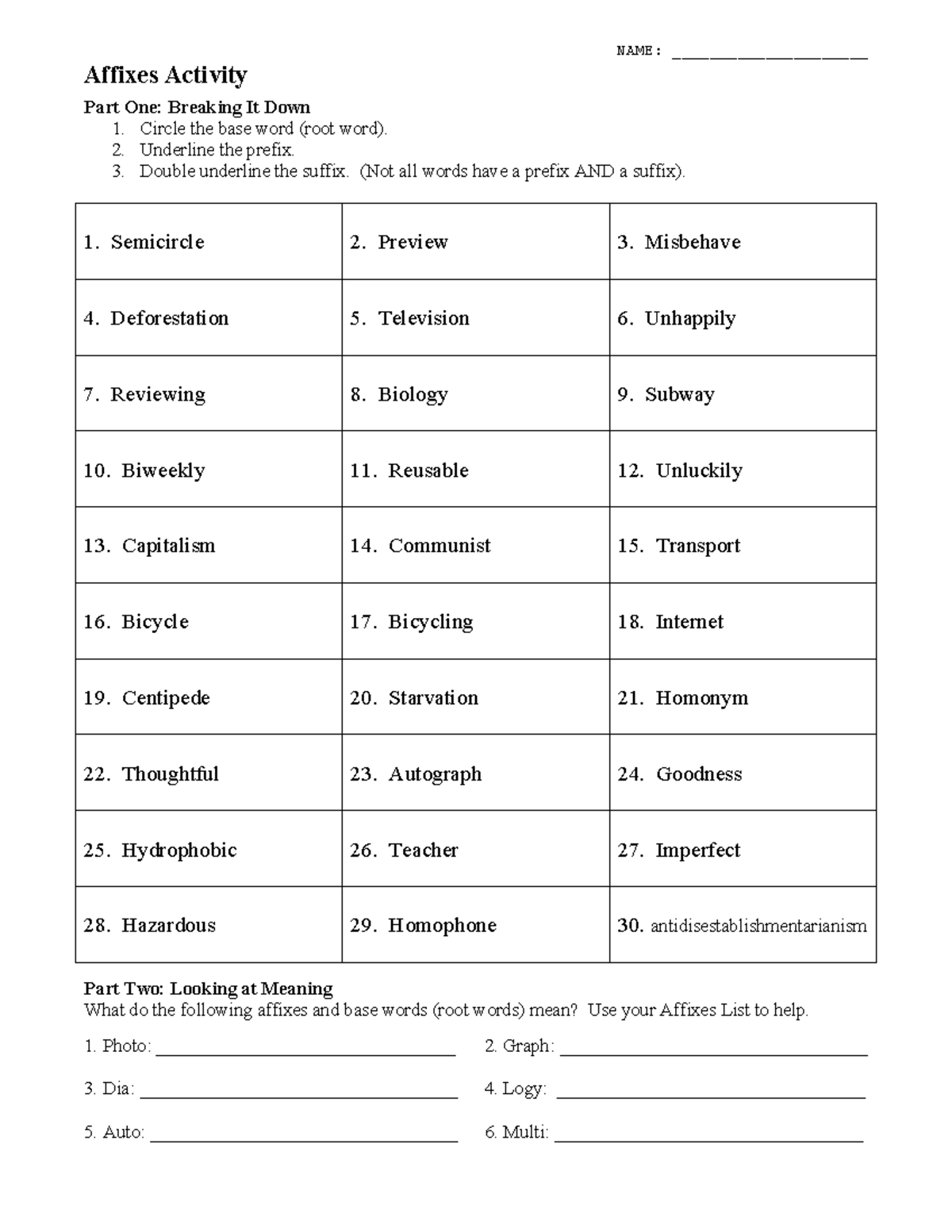 Affixes Activity - need - NAME: _____________________ Affixes Activity ...