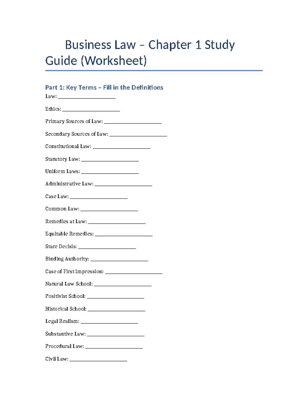 Business Law - CH 1 Study Guide: Key Terms & Concepts - Studocu