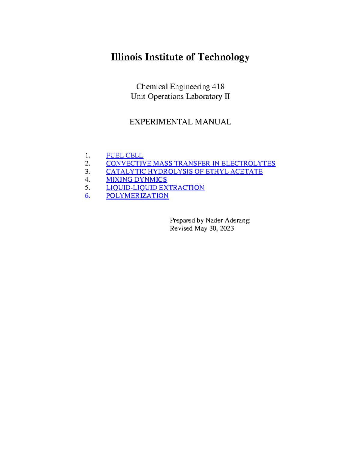 CHE 418 Unit Operations Lab Manual - Fuel Cell Experiment Summer 2023 ...