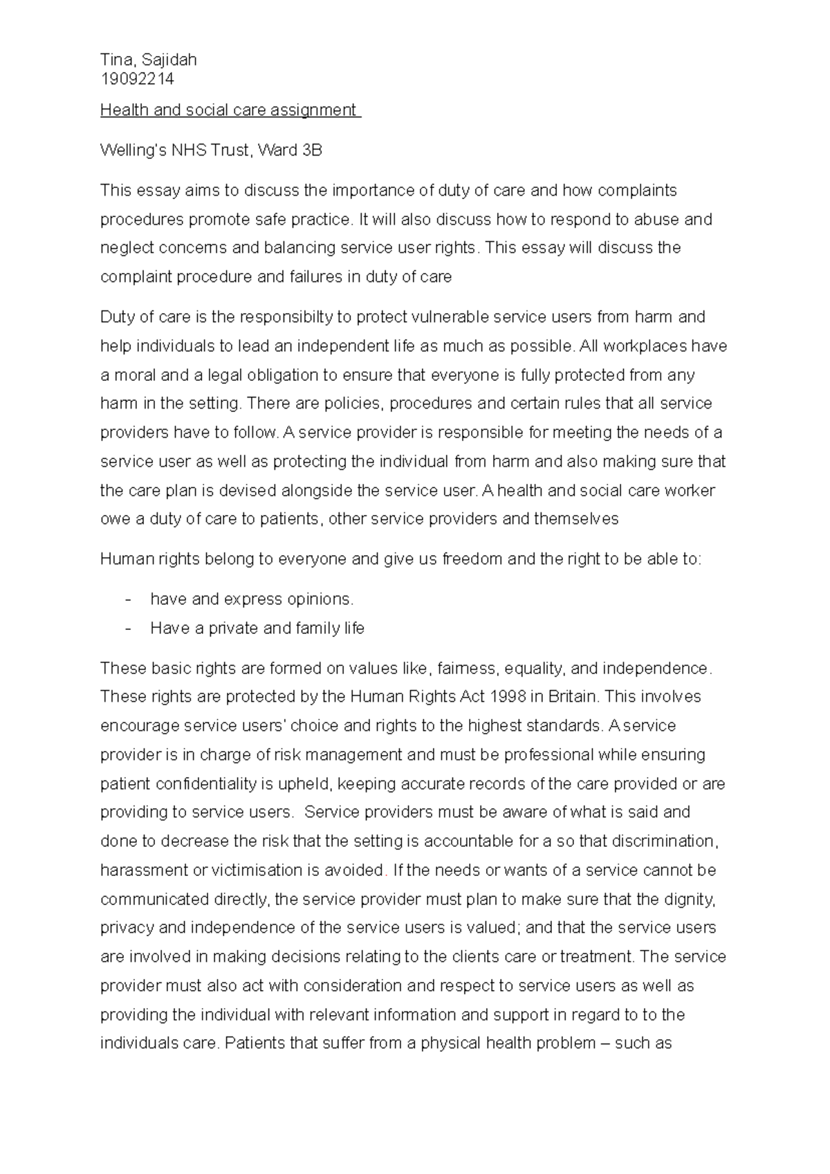 Health and Social Care Assignment Unit 7: Duty of Care and Complaints ...