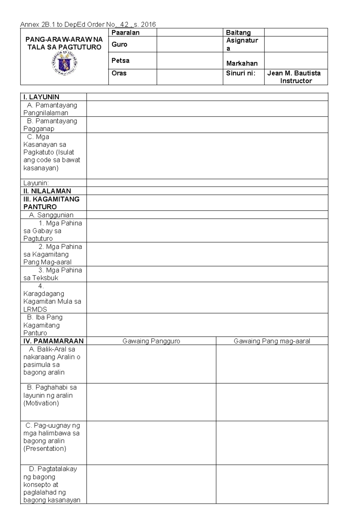 DLP Format for DepEd Order No. 42, s. 2016: Teaching Guide - Studocu