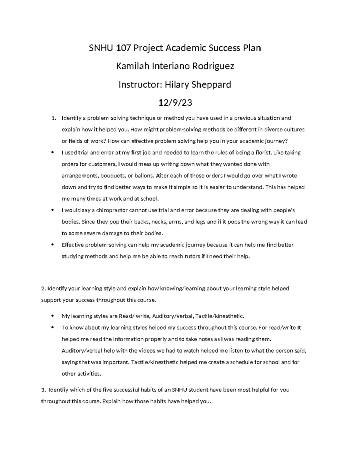 SNHU 107 Final Project: Academic Success Plan and Strategies - Studocu