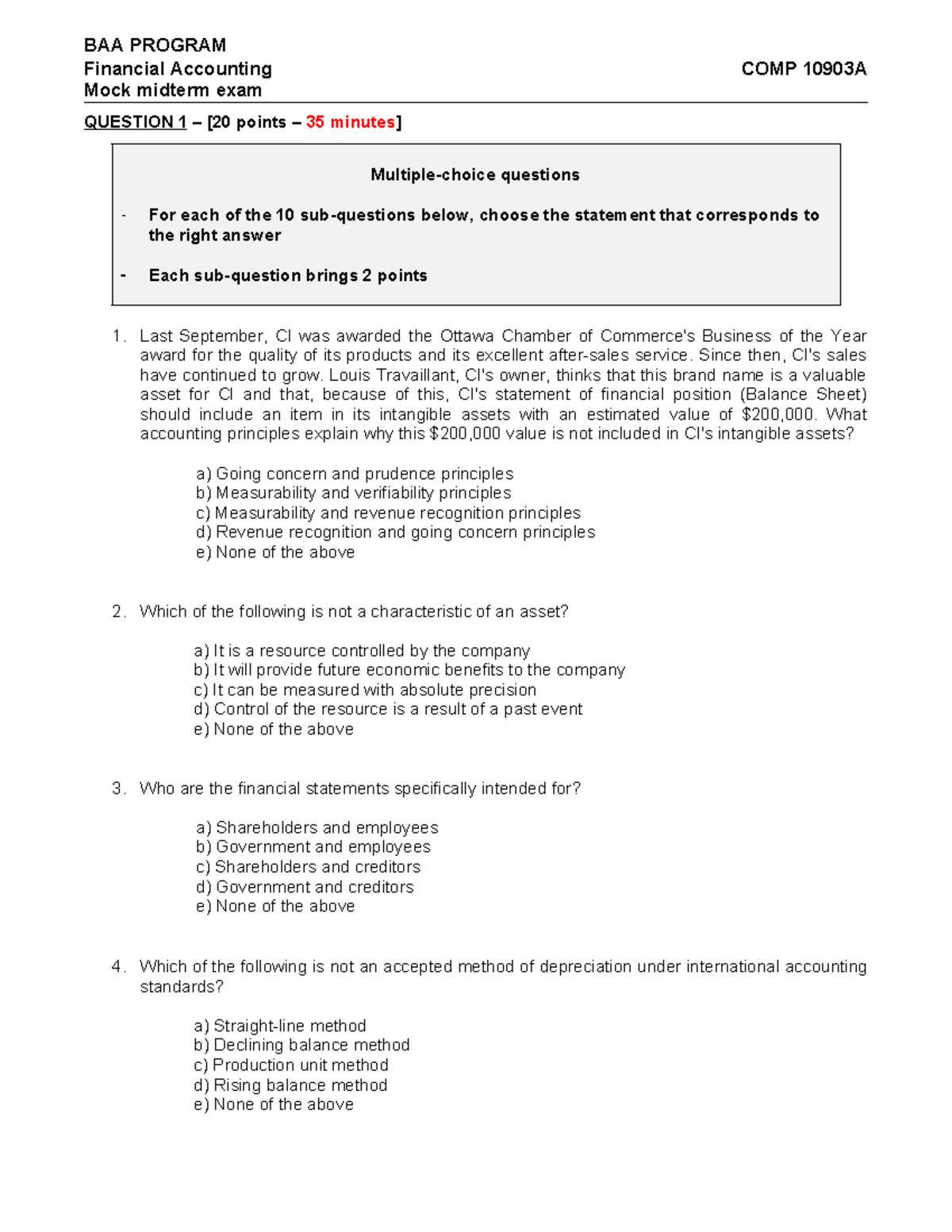 COMP 10903A Financial Accounting Mock Midterm Exam - Studocu