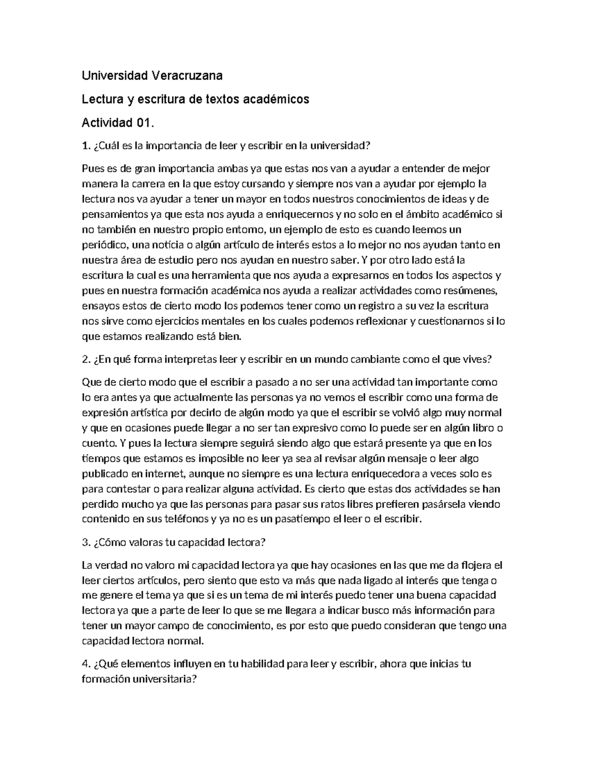 UV Lectura y Escritura Académica: Importancia y Reflexiones - Act. 01 - Studocu