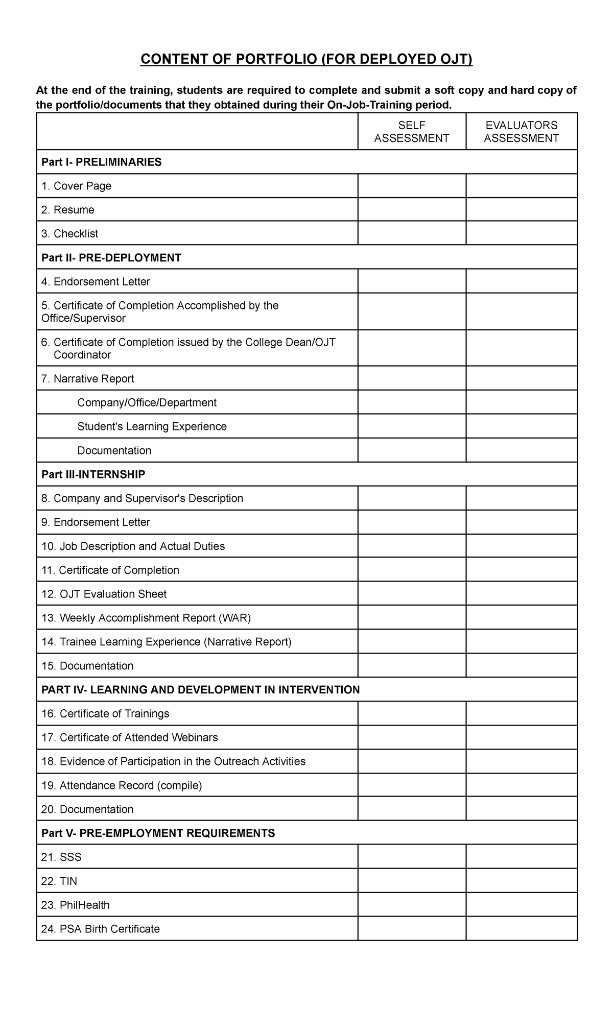 OJT Portfolio Checklist for Self-Assessment and Evaluation - Studocu