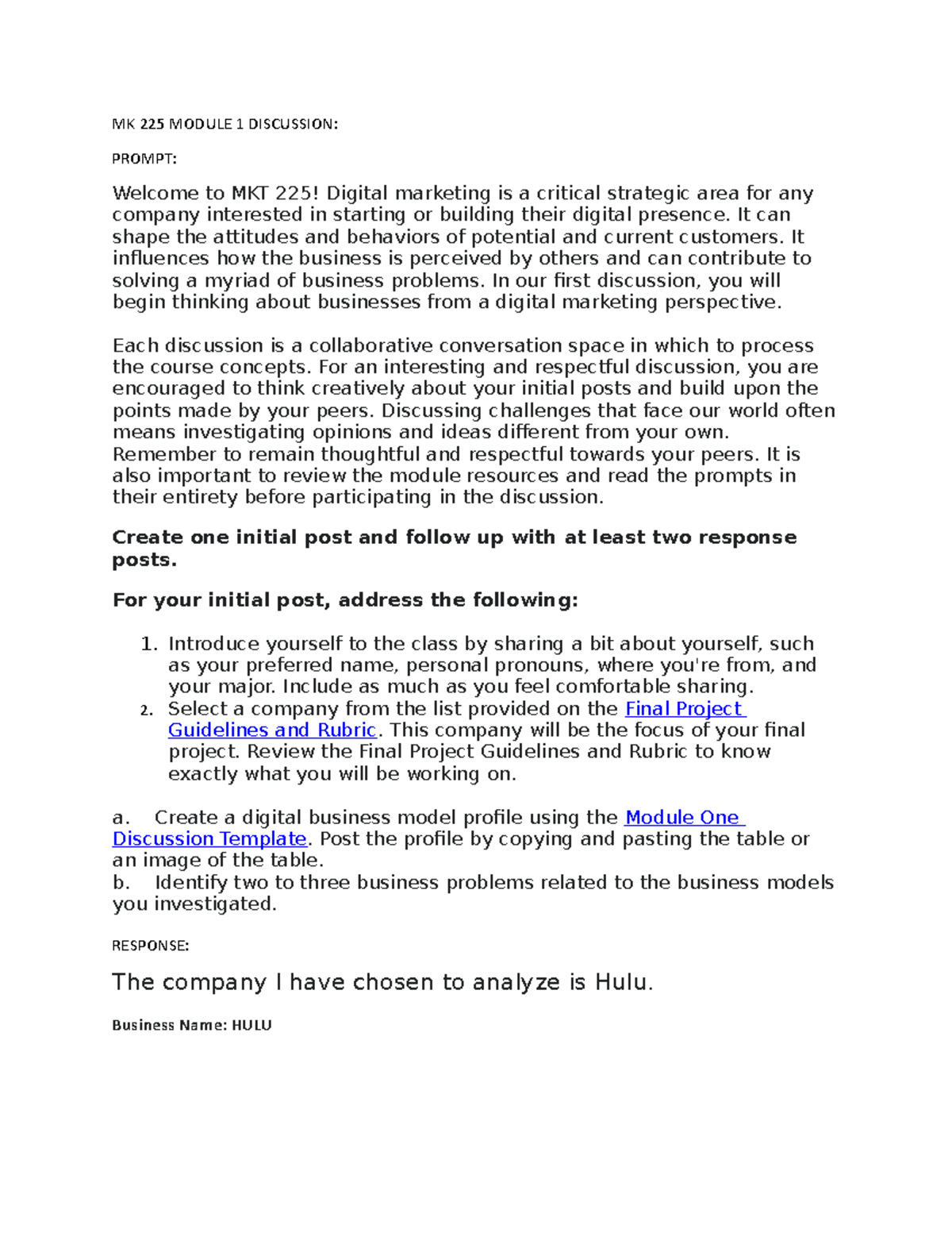 MK 225 Module 1 Discussion - MK 225 MODULE 1 DISCUSSION: PROMPT ...