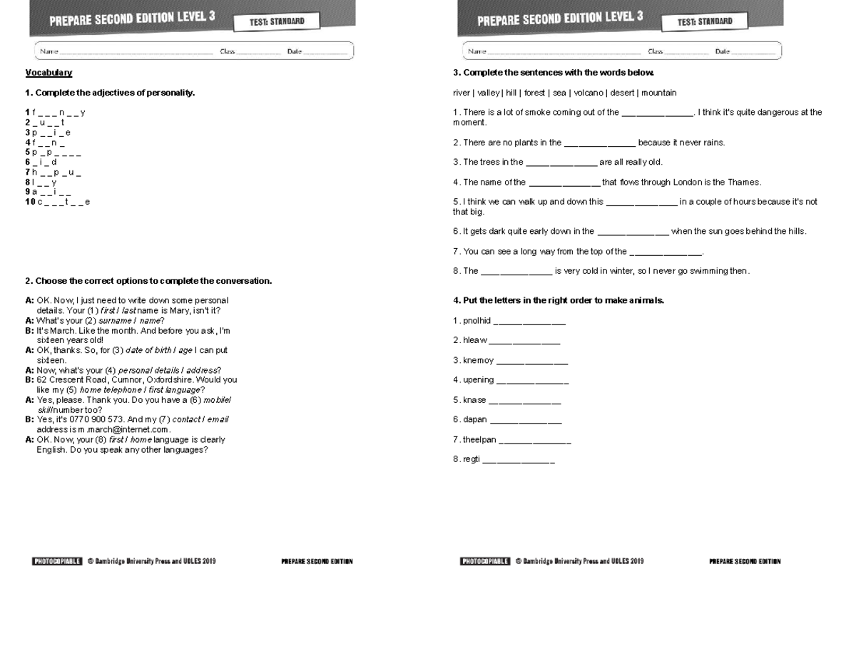 A2 1-2 Standard - Vocabulary and Personality Adjectives Practice - Studocu