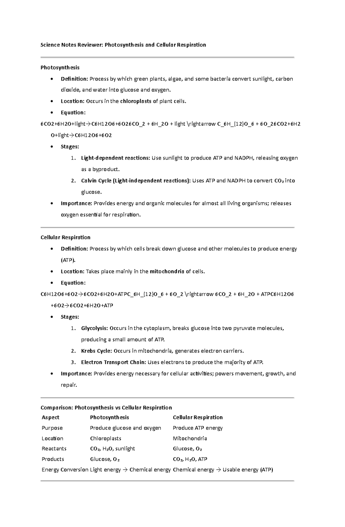 BIO101: Photosynthesis & Cellular Respiration Study Notes - Studocu