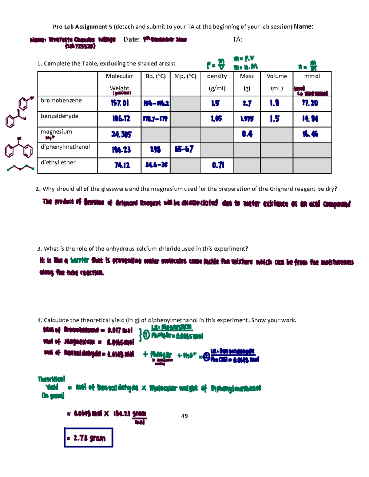 Pre Lab 5 Grignard Reagent Preparation And Calculations Guide Studocu