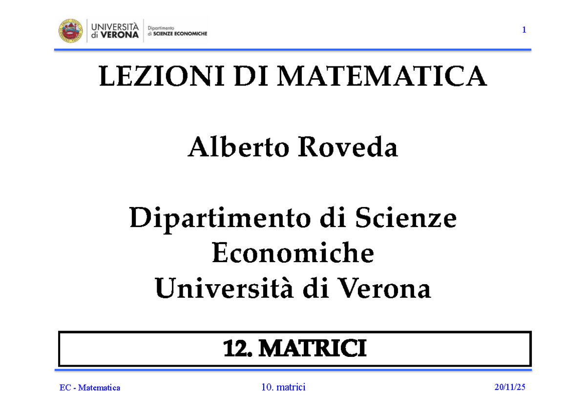 Lezioni di Matematica EC Matematica 10: Matrici e Operazioni - Studocu