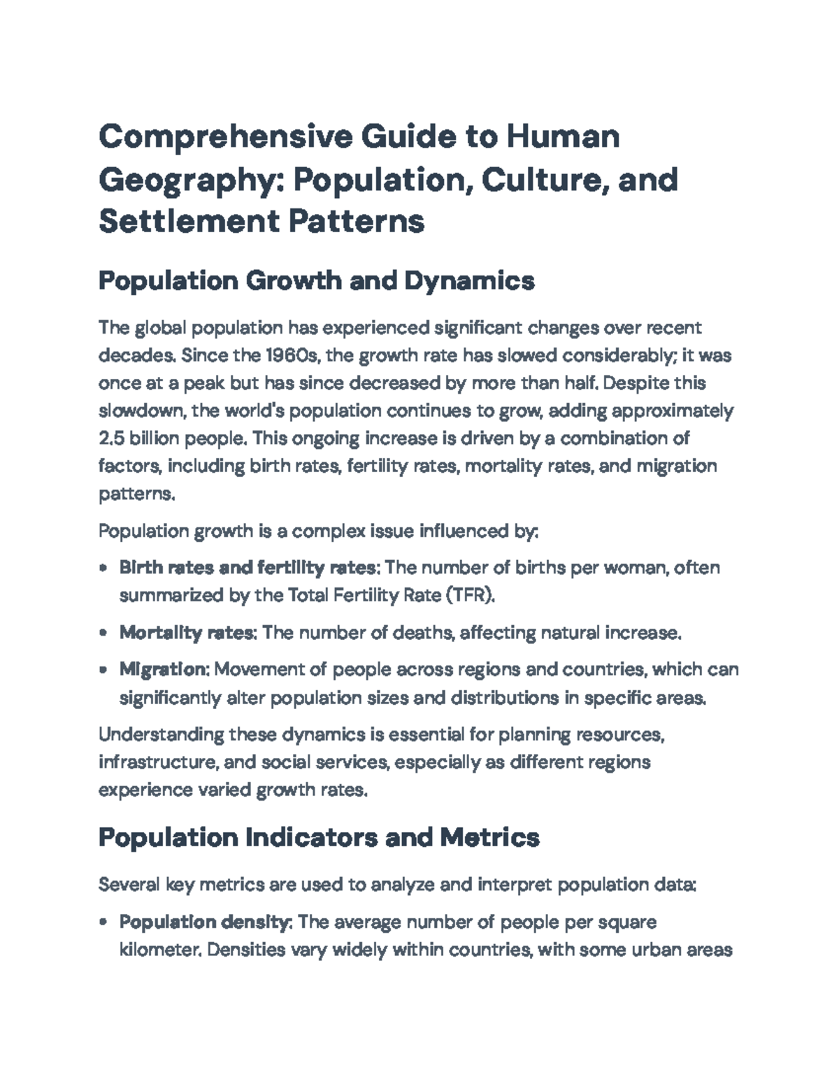 Comprehensive Overview of Human Geography: Pop., Culture & Settlements ...