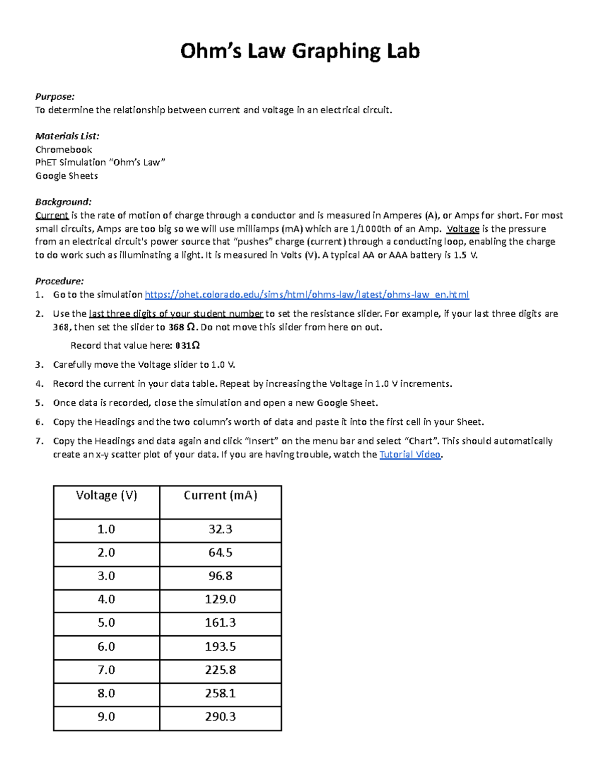 Ohm's Law Graphing Lab - Ohm's law lab - Ohm’s Law Graphing Lab Purpose ...