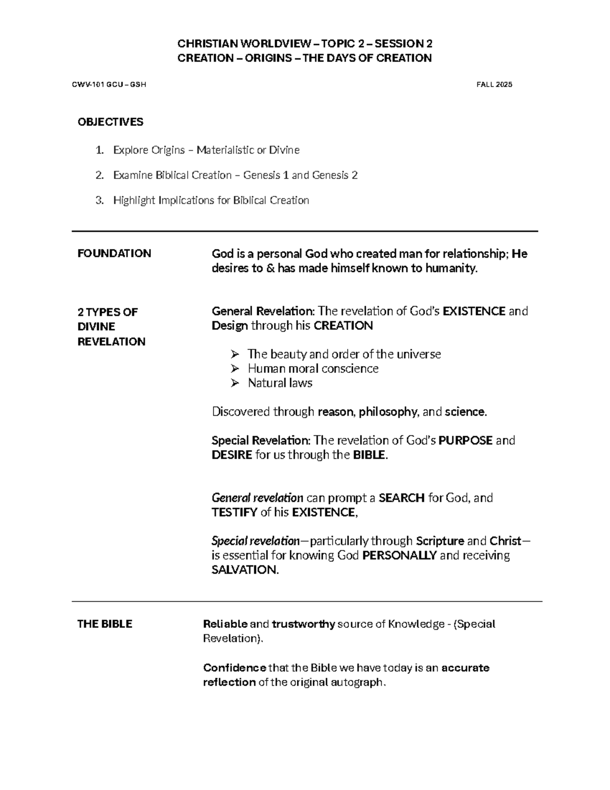 Christian Worldview: Creation Origins & Days of Creation (CWV-101 GCU ...