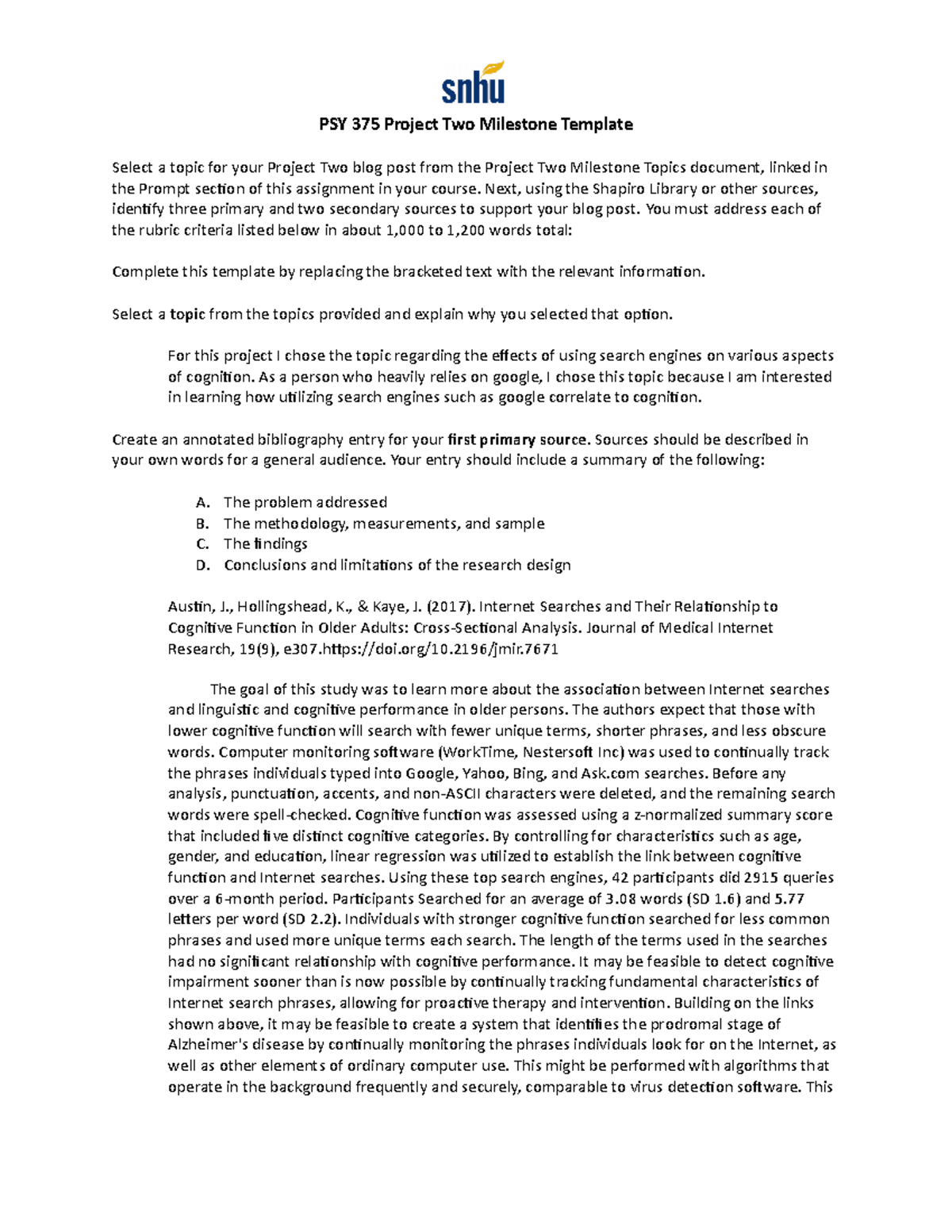 PSY 375 Project Two Milestone: Annotated Bibliography and Template ...