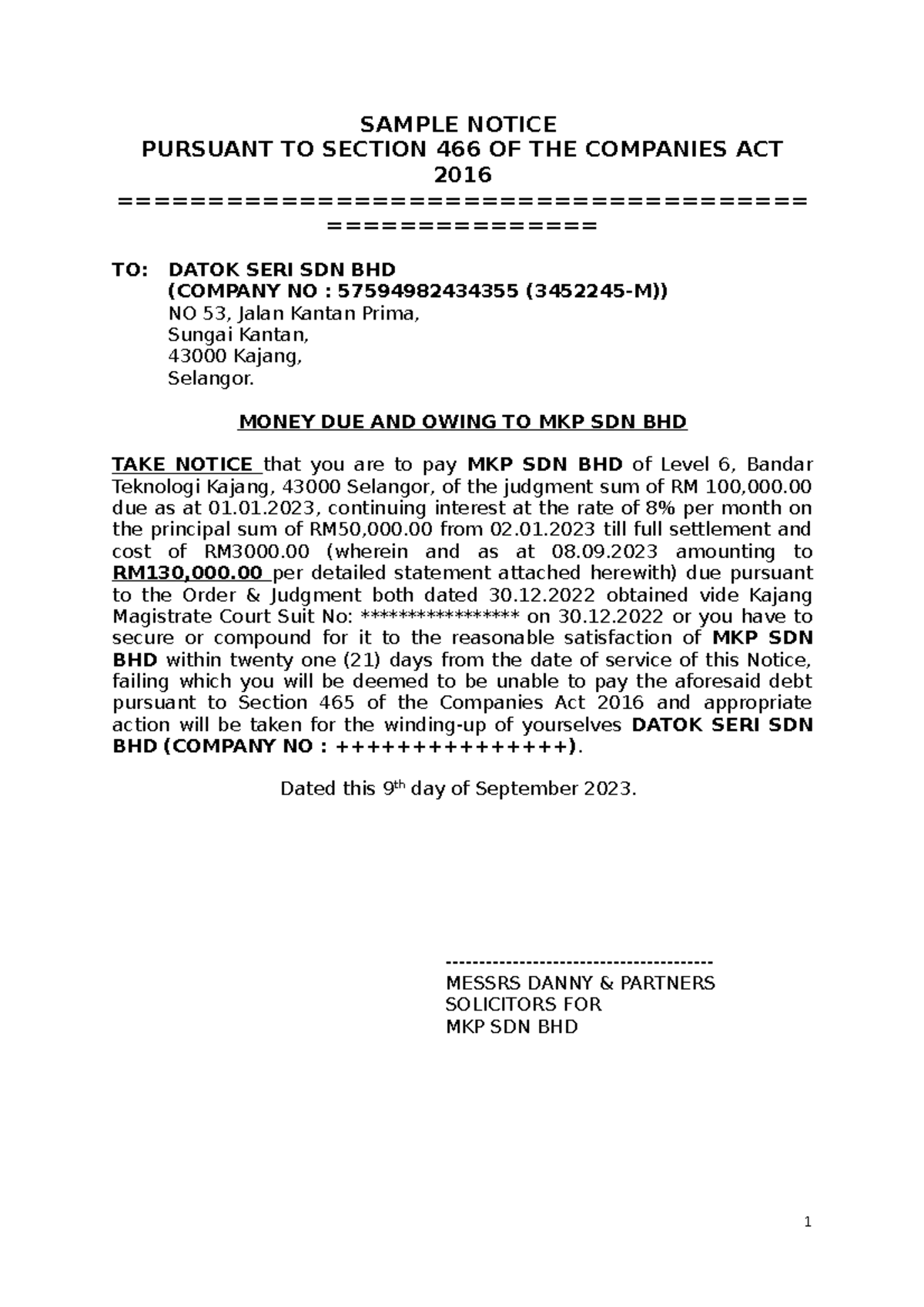 Notice of Winding Up Pursuant to Section 466 - DATOK SERI SDN BHD - Studocu
