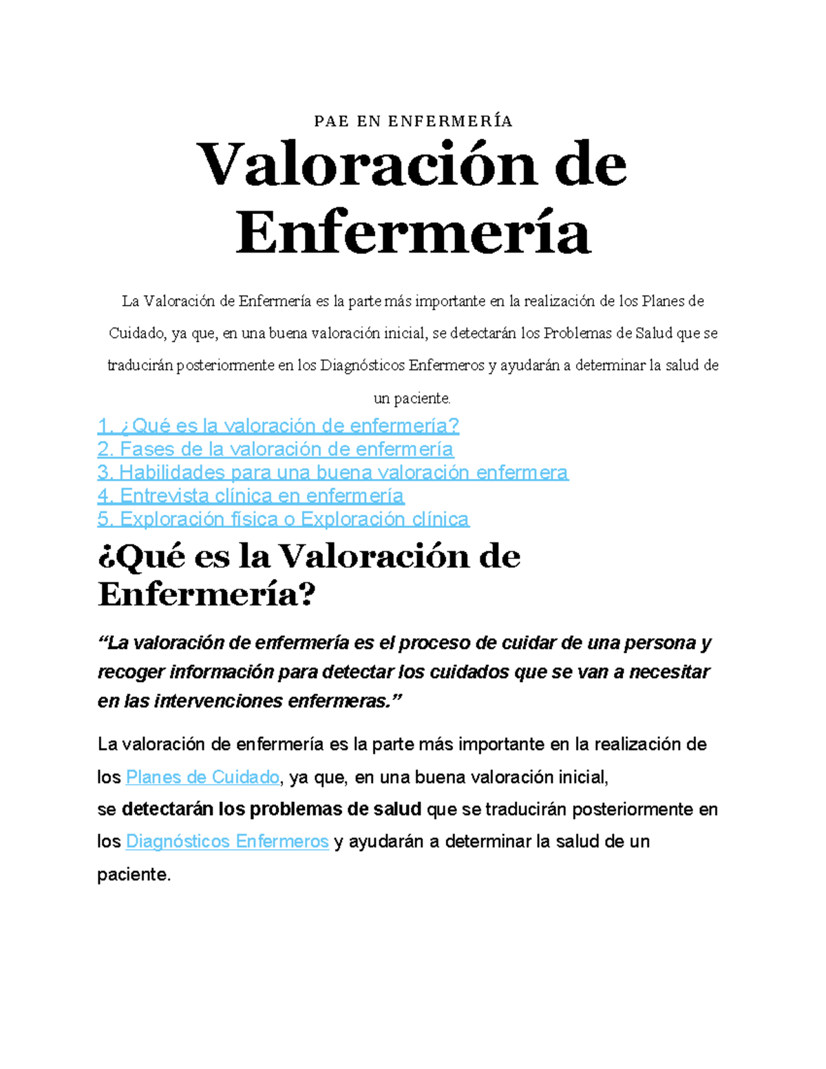 PAE EN ENFERMERÍA: Guía Completa sobre Valoración y Técnicas - Studocu