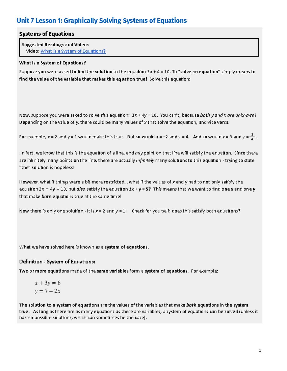 Unit 7 Lesson 1: Graphical Solutions for Systems of Equations - Studocu