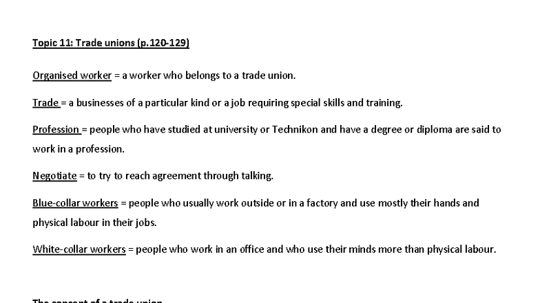 Topic 11: Trade Unions - Insights for Gr9 & Gr10 Business Studies - Studocu