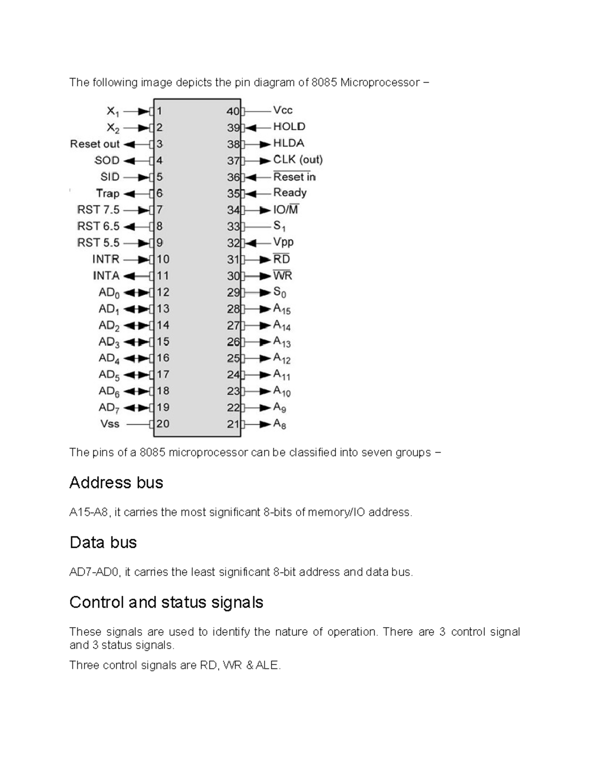 The pin diagram of 8085 Microprocessor - Data bus AD7-AD0, it carries ...