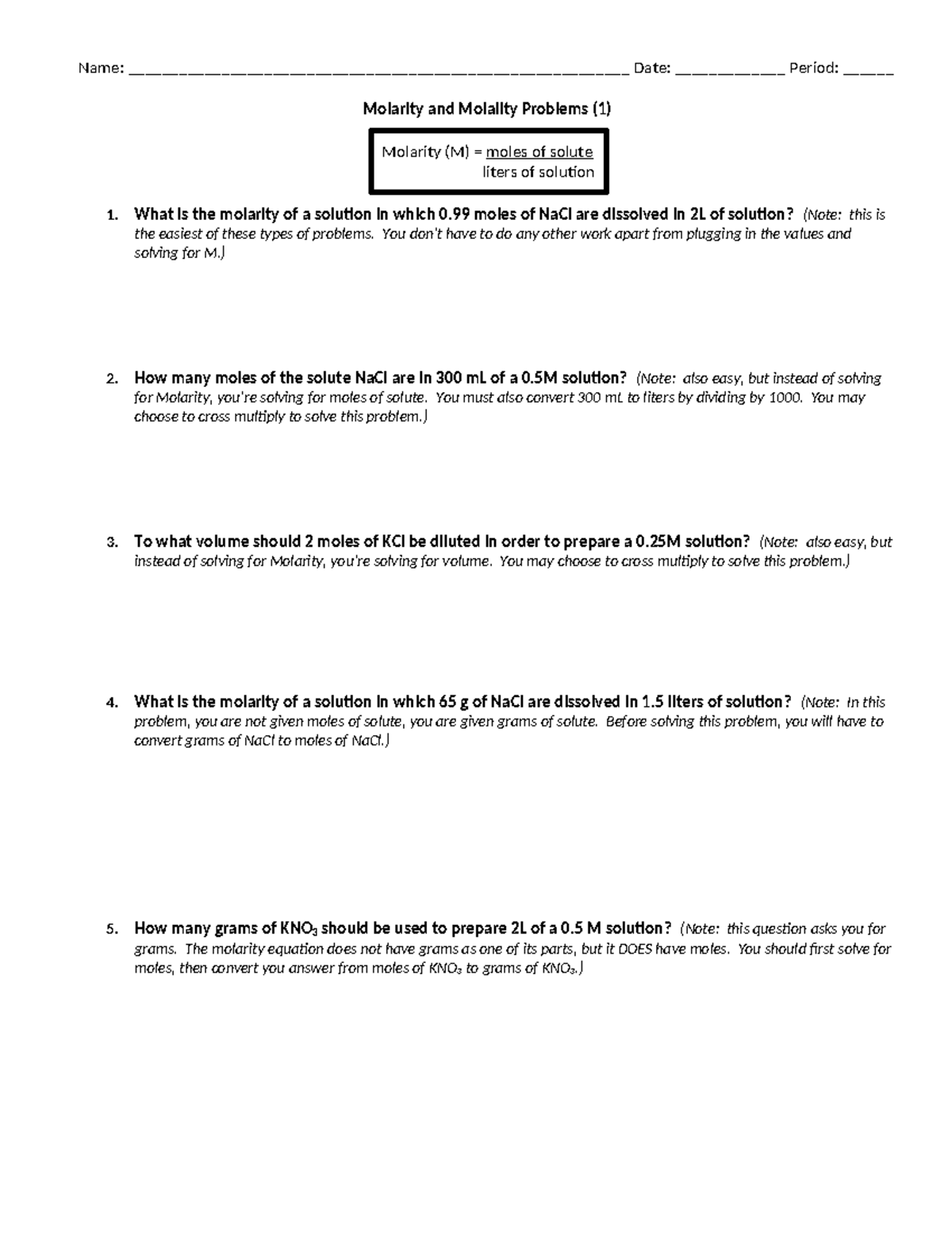 Practice - Molarity and Molality Problems (1) with explanations 2021 ...
