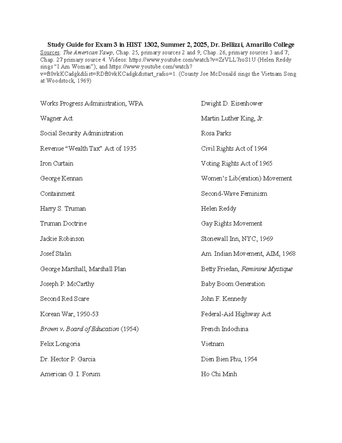 Study Guide for HIST 1302 Exam 3, Summer 2025, Dr. Bellizzi - Studocu