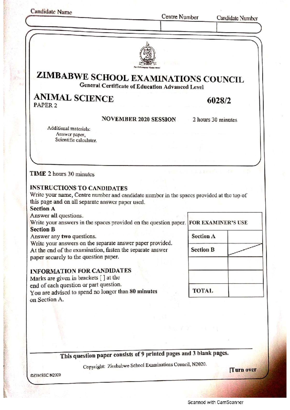 Animal Science P2 ZIMSEC Nov 2020 Exam Paper Overview - Studocu
