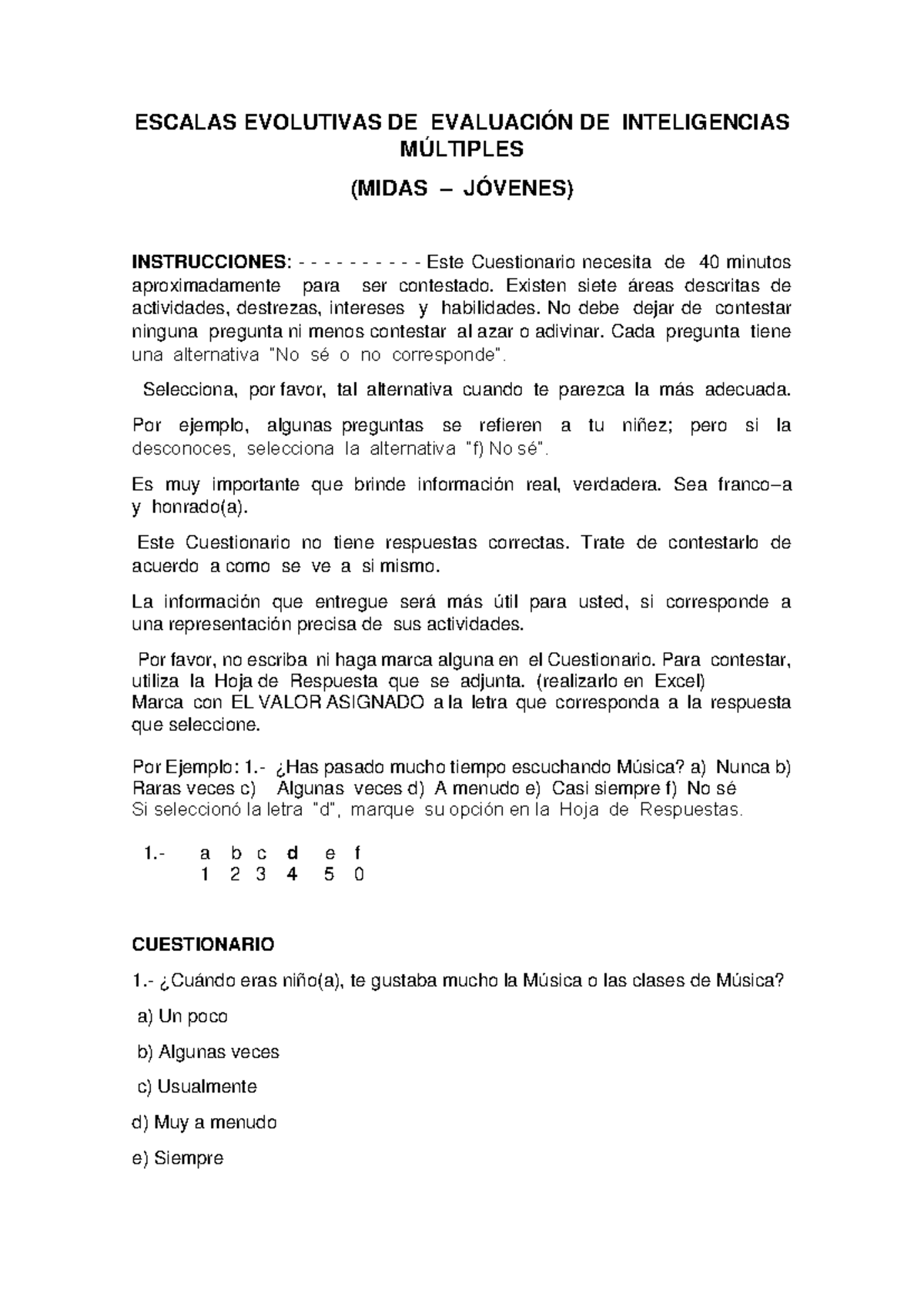 Escalas Evolutivas DE Evaluación DE Inteligencias Múltiples cuestinatio ...