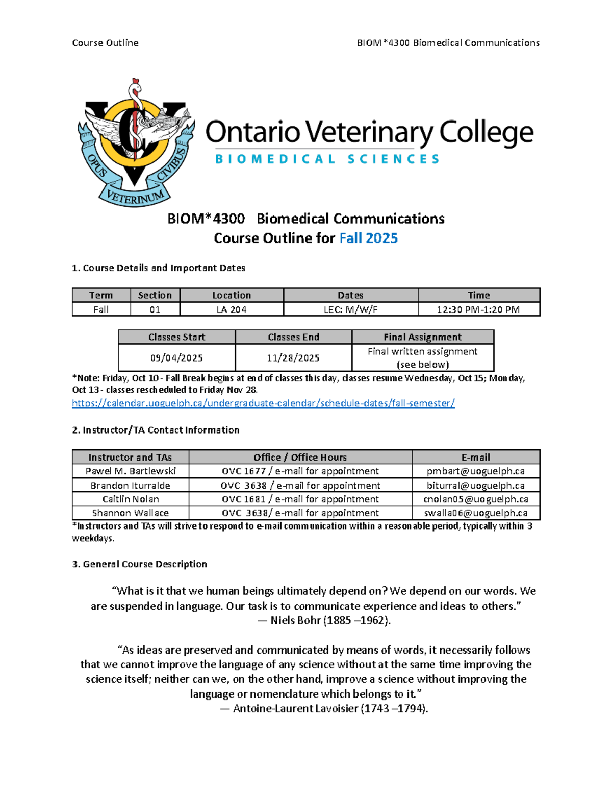 BIOM4300 Course Outline: Biomedical Communications Fall 2025 - Studocu