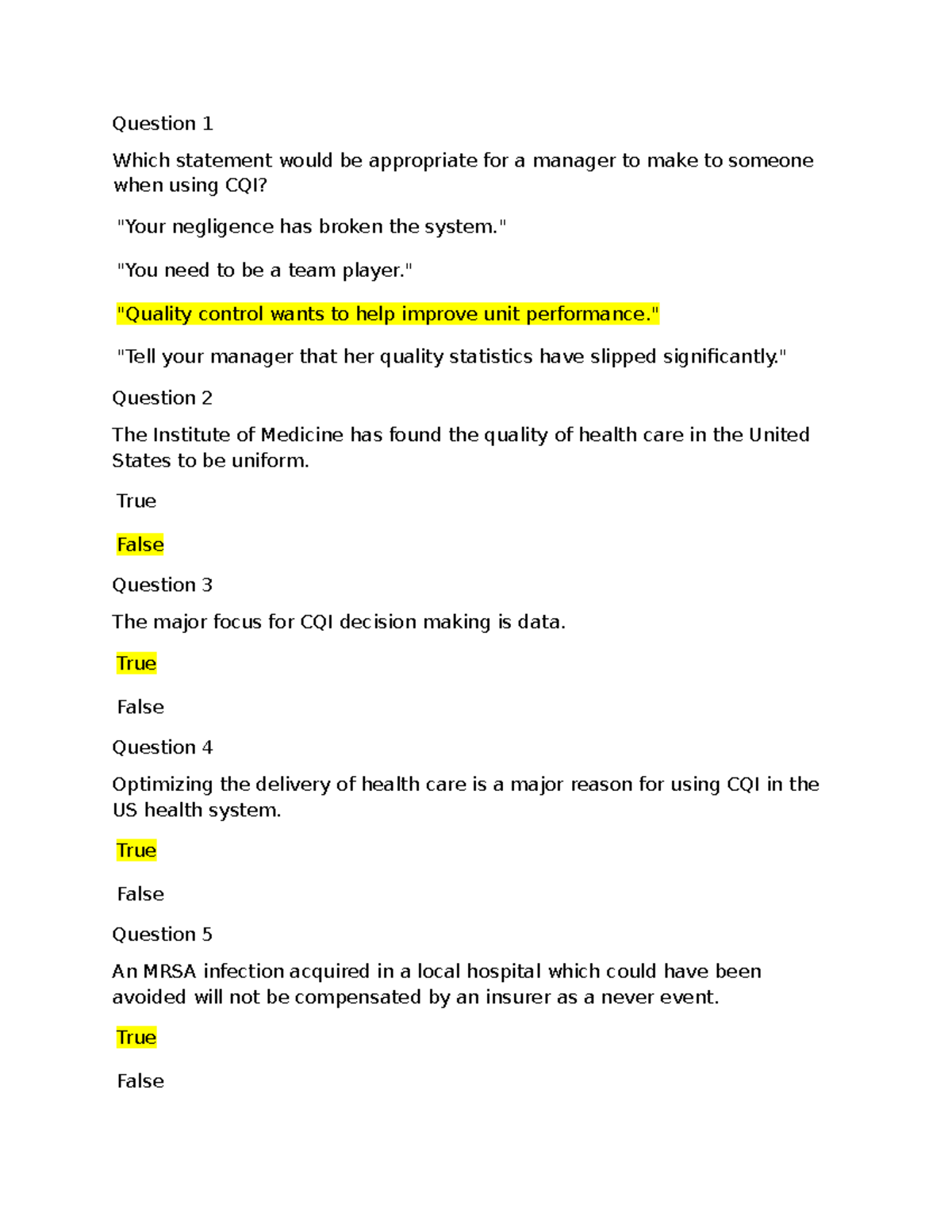 IHP-430 Week 4 Quiz: Continuous Quality Improvement Concepts - Studocu