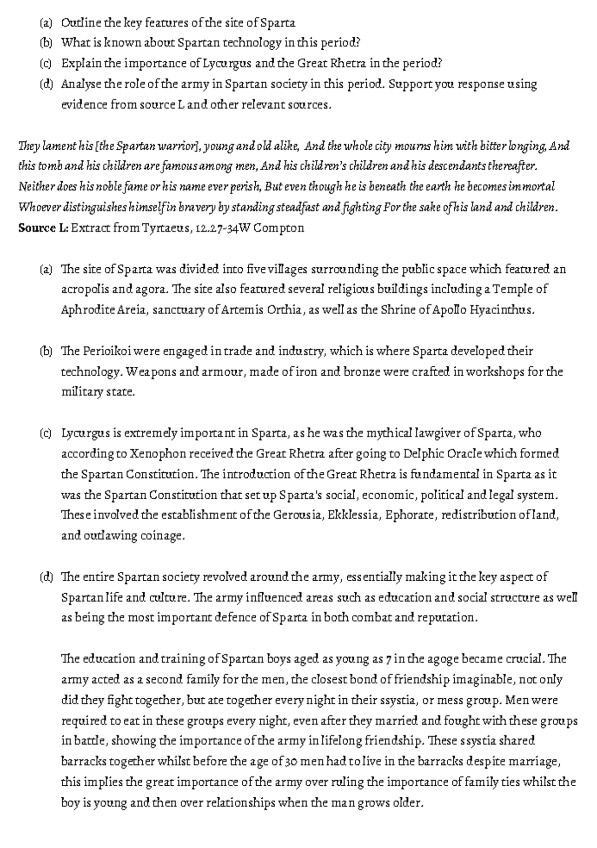 Sparta Past Paper Response: Key Features, Technology, Lycurgus & Army ...
